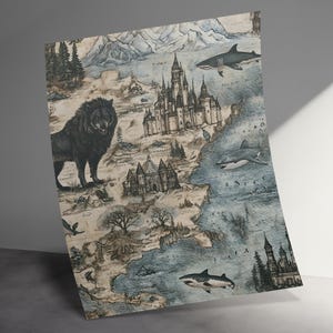 Fantasy Medieval World Map Wall Art, Vintage Castle Map Poster ...