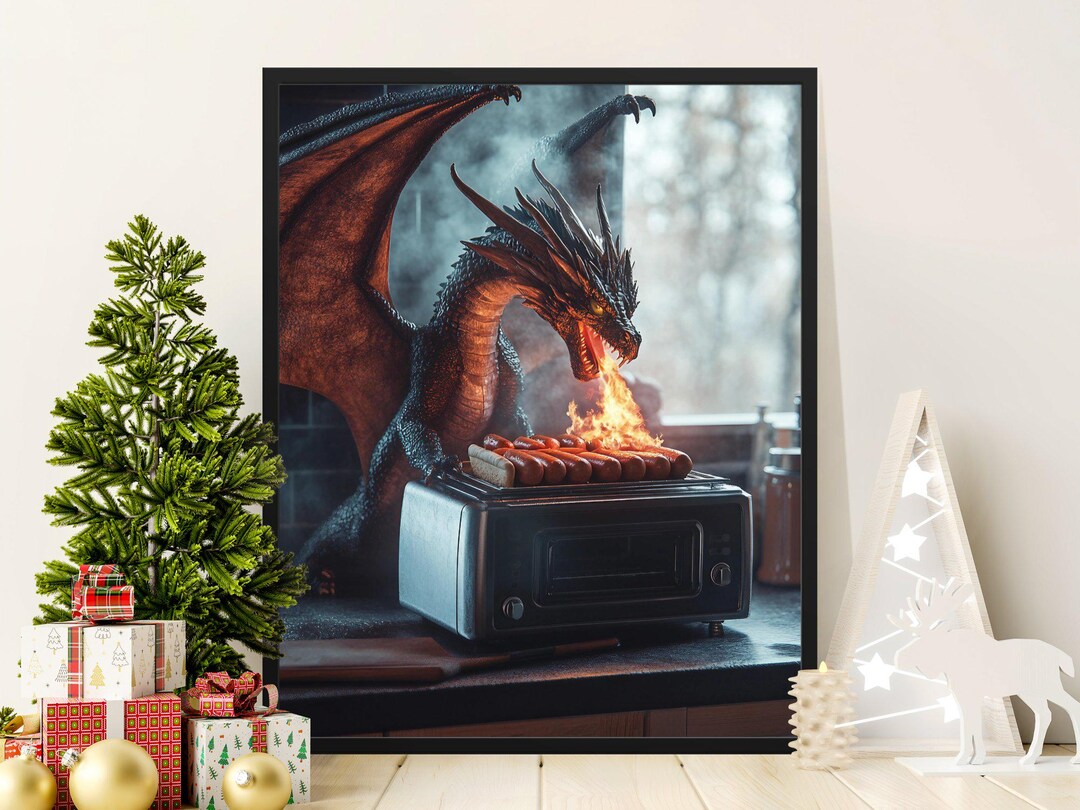 Dragon Cooking Hotdogs Poster, Epic Dragon Artwork Print, Fire ...