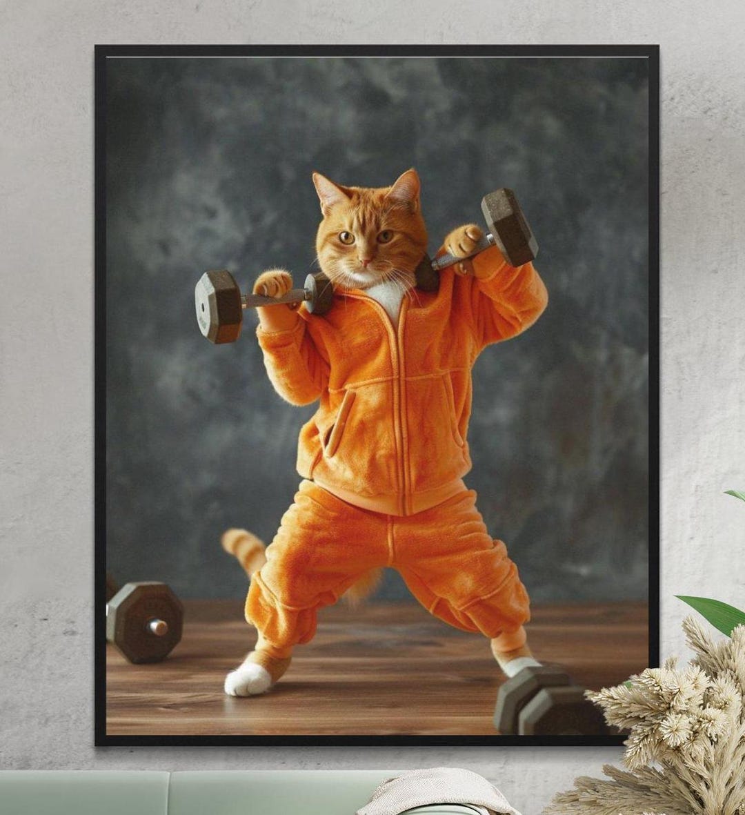 Funny Cat Lifting Weights Wall Art, Cute Orange Cat in Gym Outfit ...