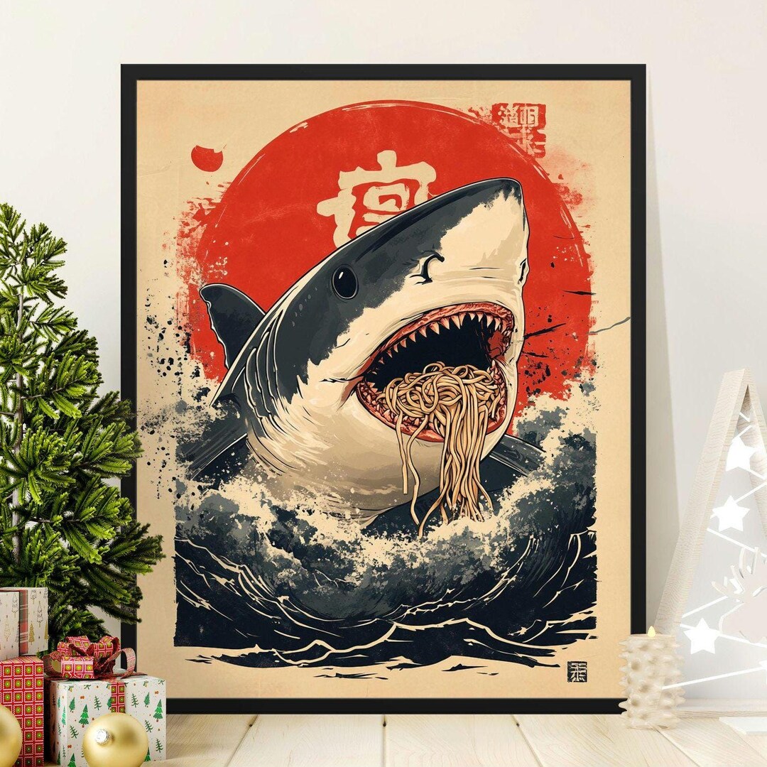 Shark Eating Noodles Poster, Funny Wall Art, Unique Shark Print ...