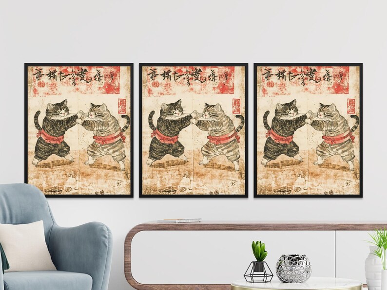 Cat Boxing Japanese Art Print, Ukiyo-e Style, Whimsical Wall Decor ...