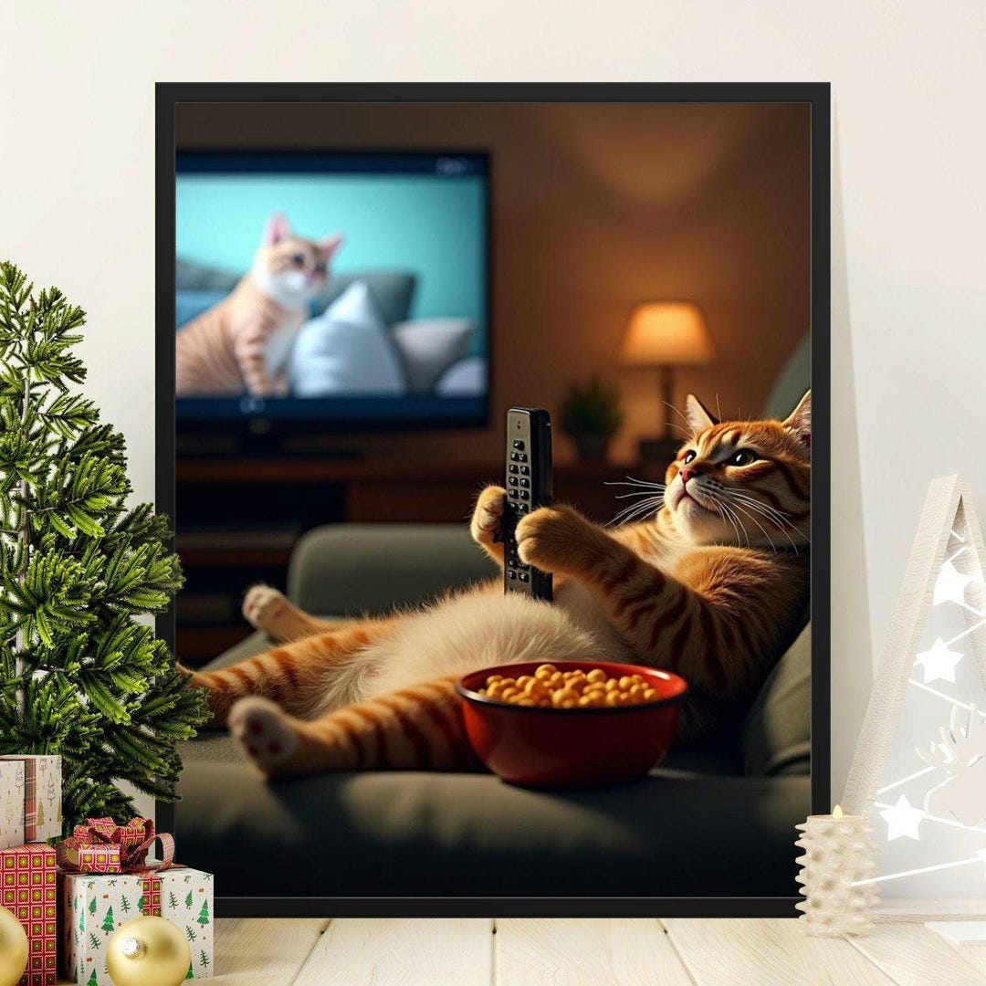 Funny Cat Watching TV Poster, Cute Cat Artwork, Cat Lover Gift ...