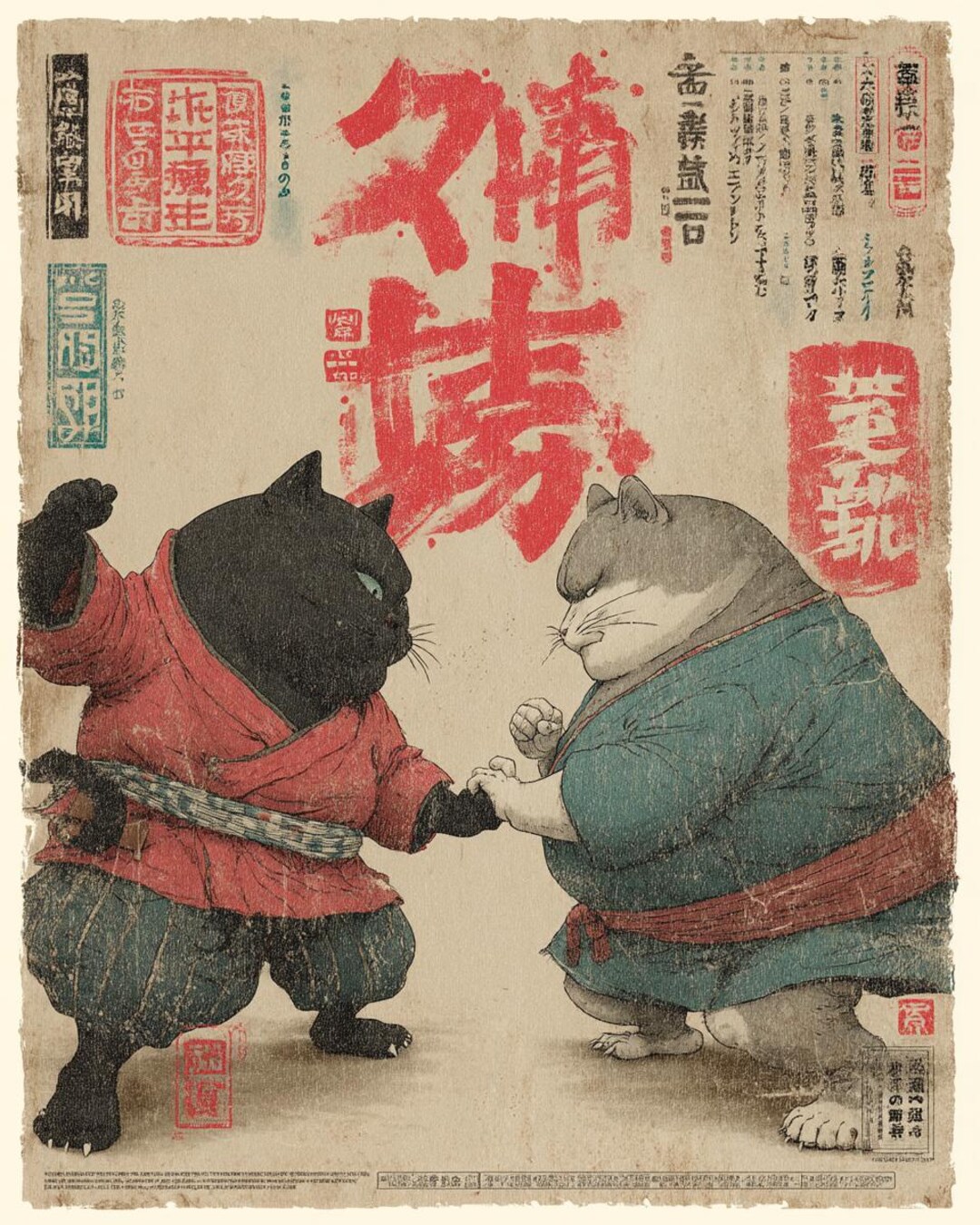 Sumo Cats Posters, Ukiyo E Art Prints, Funny Cat Illustration, Japanese ...