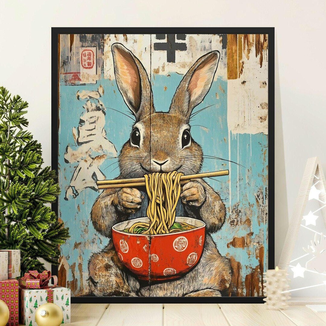 Cute Bunny Eating Noodles Poster, Rabbit With Chopsticks Art Print ...