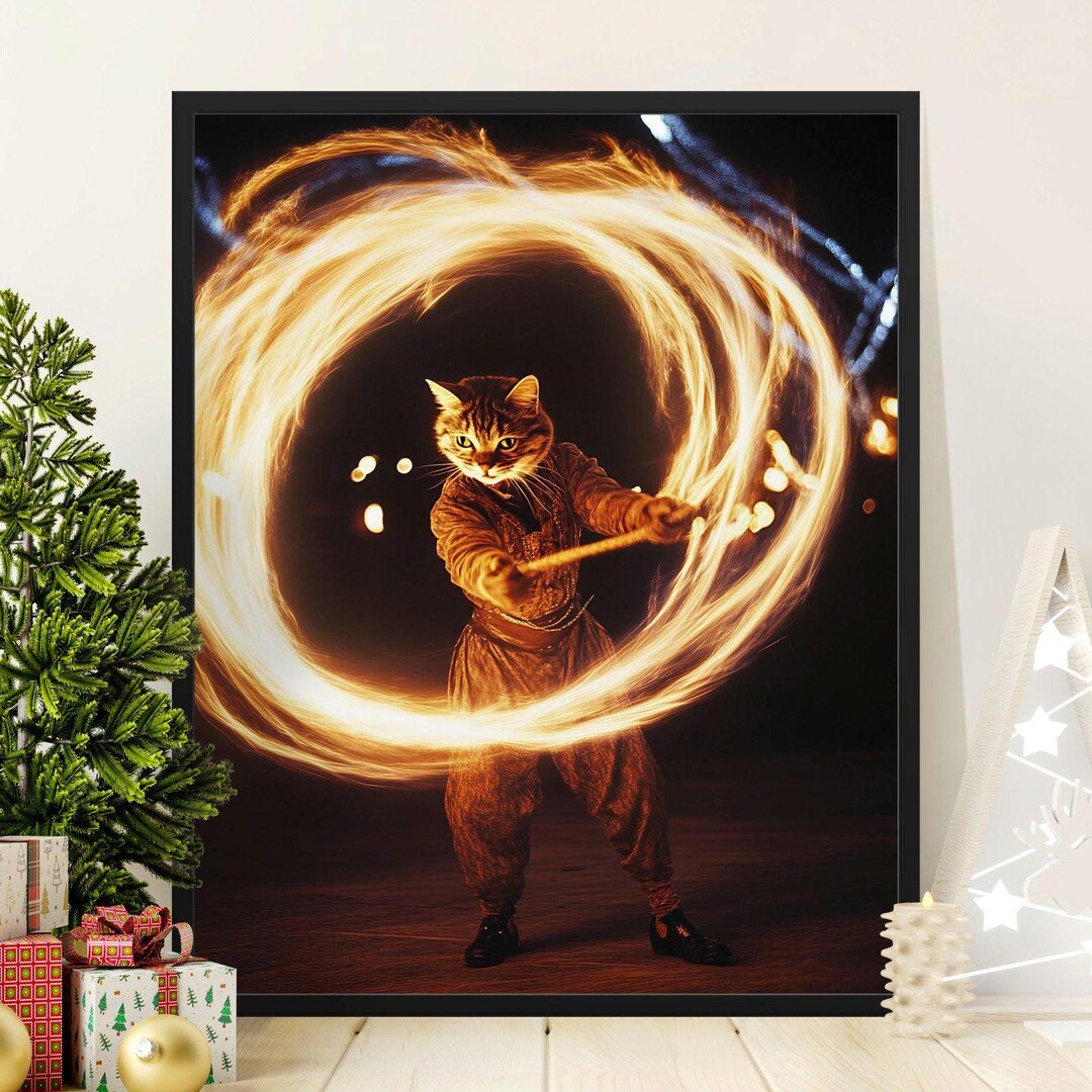 Unique Cat Fire Performer Wall Art, Whimsical Cat With Fire Hoop Print ...