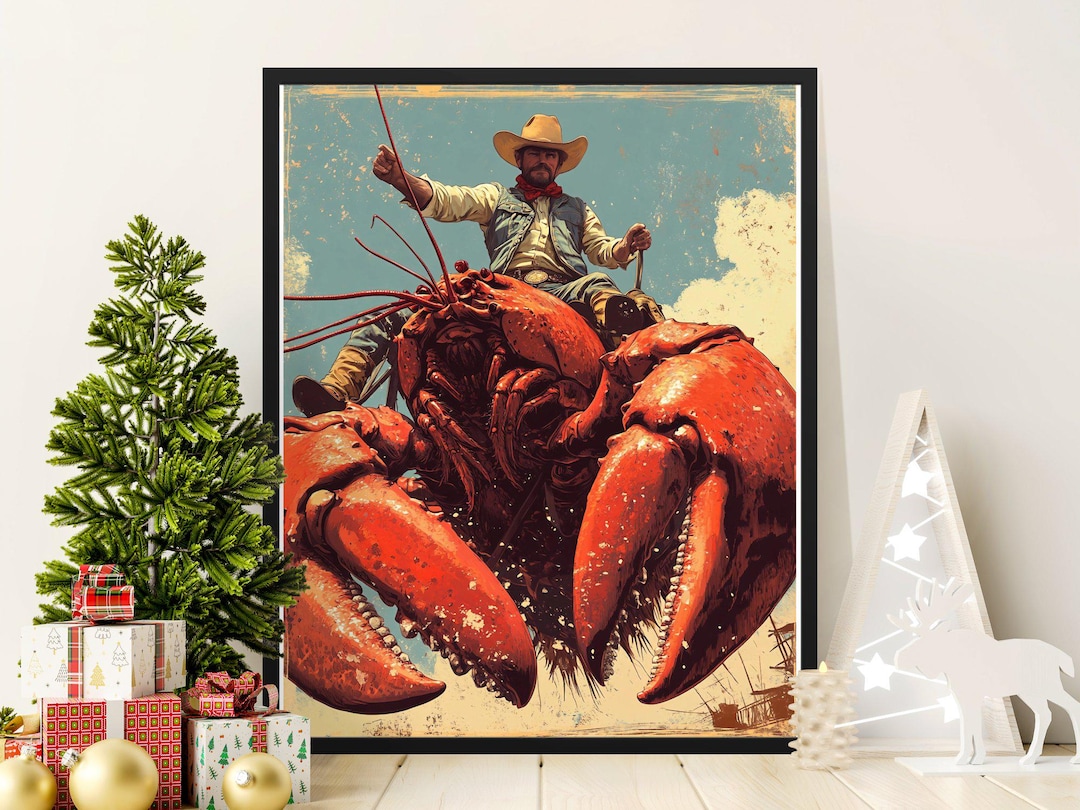 Wild West Cowboy Riding Giant Lobster Poster, Unique Wall Art Print ...