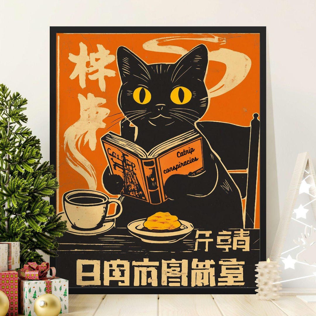 Vintage Cat Poster, Retro Feline Art Print, Cat Reading Book Decor ...