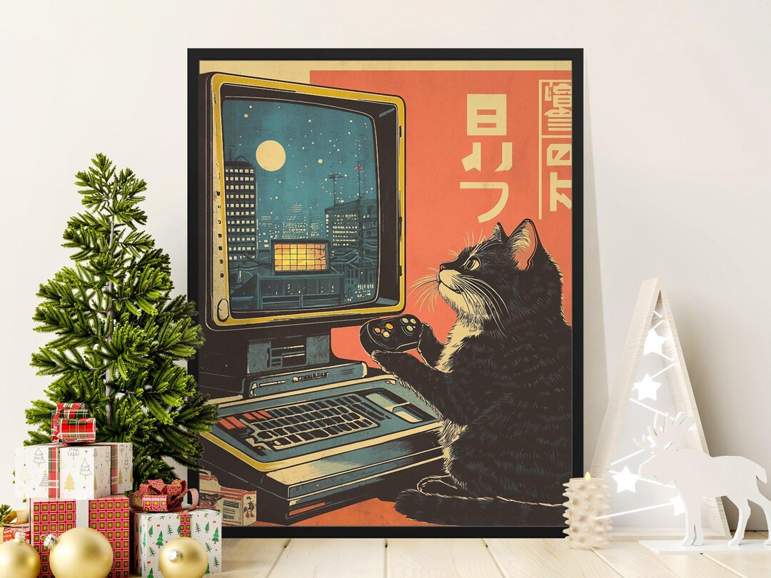 Retro Cat Gamer Poster, Vibrant Vintage Cat and Computer Print, Unique ...