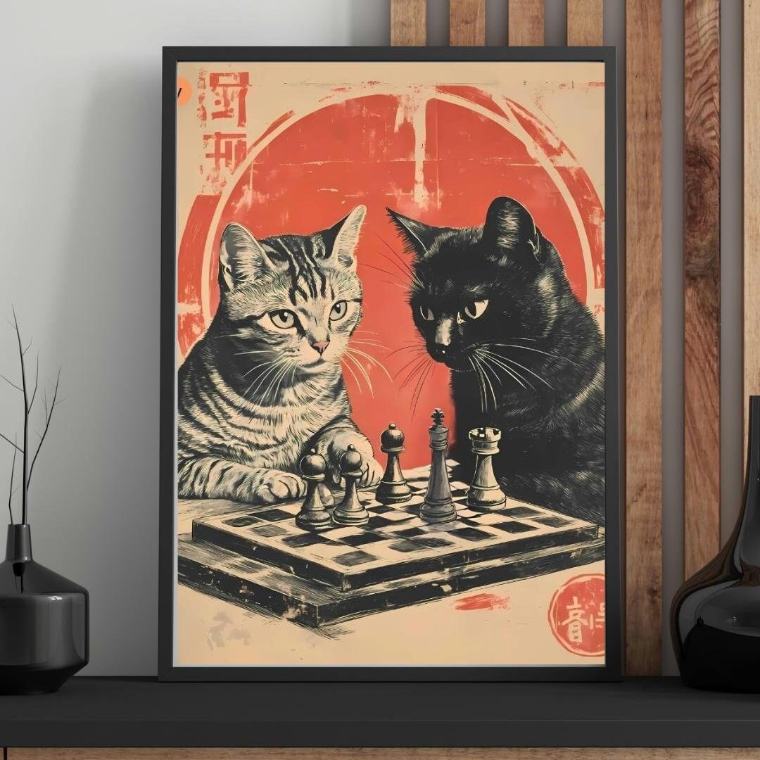 Vintage Cats Chess Artwork Poster, Retro Feline Chess Battle Print ...