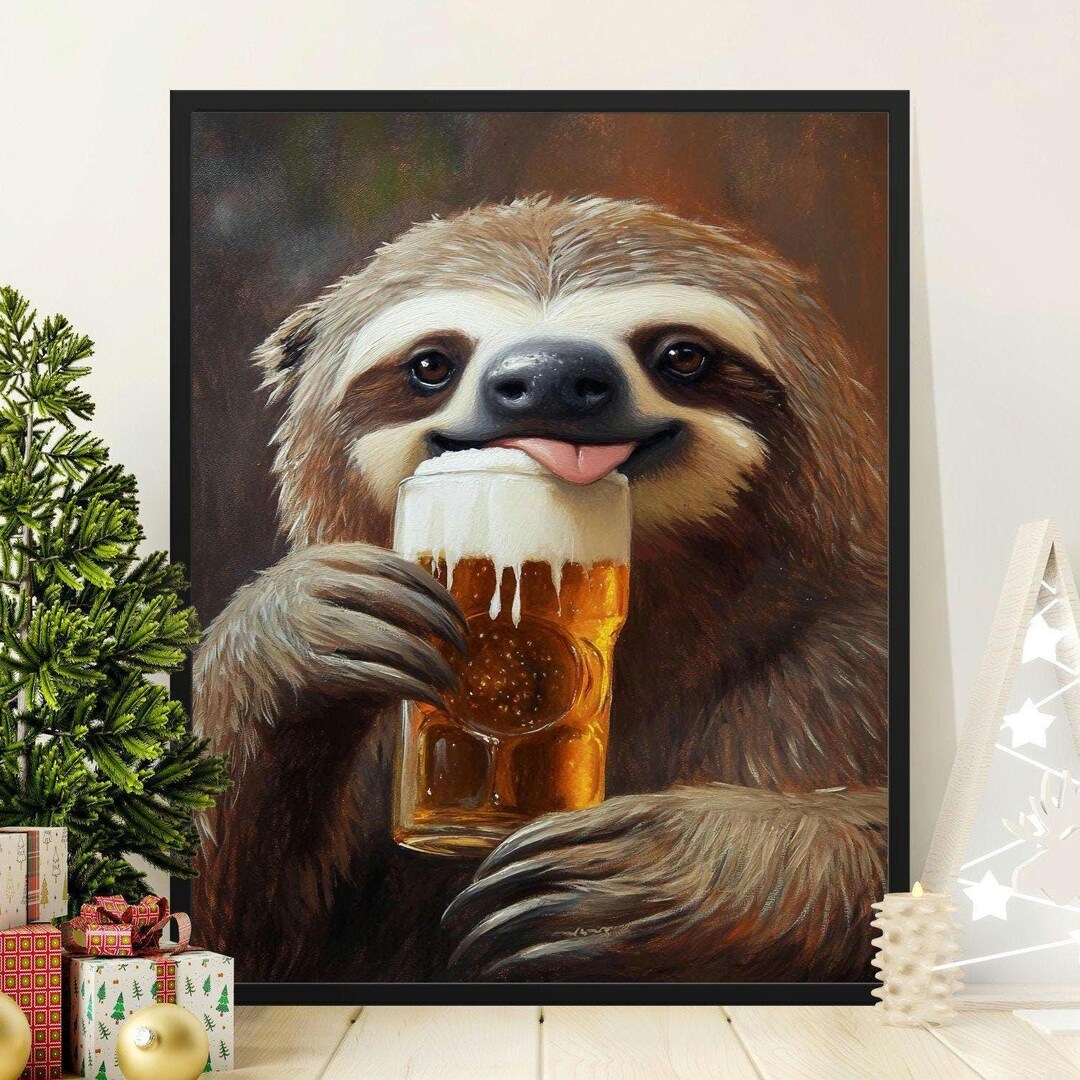 Sloth Drinking Beer Poster, Funny Animal Print, Relaxing Wall Art, Home ...