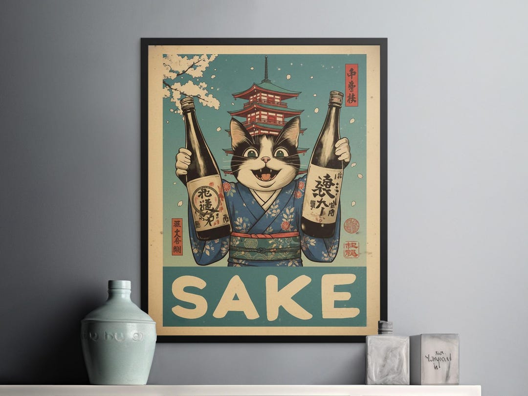 Funny Cat Sake Poster - Vintage Japanese Art With Pagoda and Blossoms ...