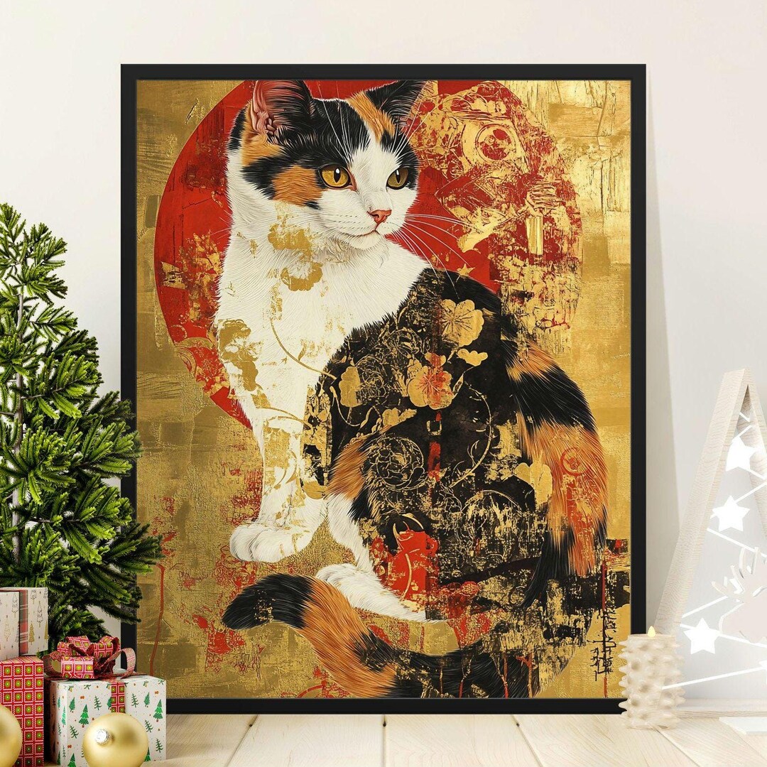Japanese Inspired Cat Wall Art, Gold and Red Cat Artwork, Calico Cat ...