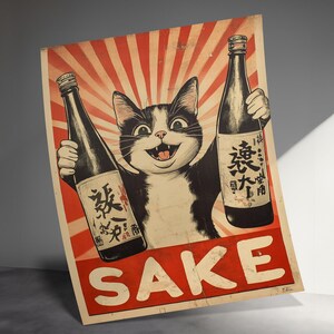 Vintage Japanese Cat Sake Poster, Cute Retro Wall Art, Fun Cat and Sake ...
