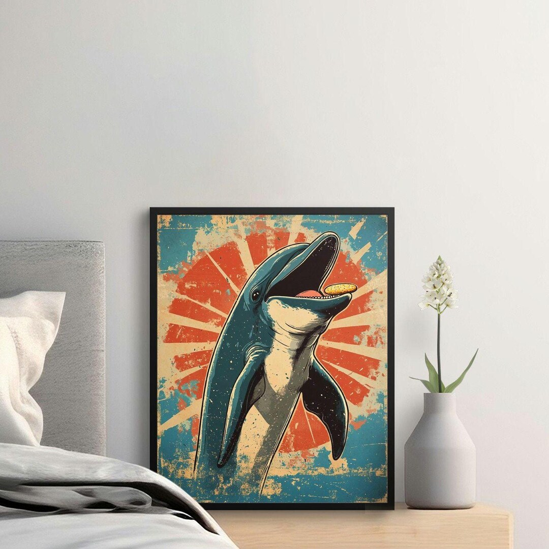 Retro Dolphin Poster, Vintage Animal Print, Wall Art Decor, Marine Life ...
