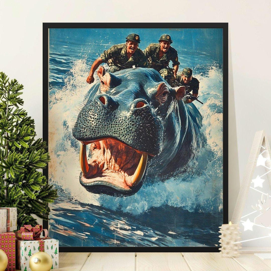Army Filled Hippo Attack Poster, Vintage Military Art, Wildlife Battle ...
