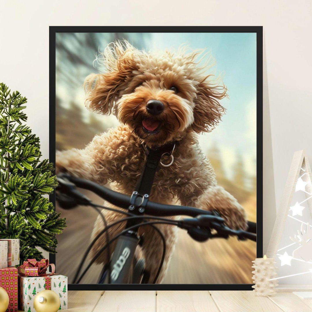 Adorable Labradoodle Dog Riding Bicycle Wall Art, Cute Puppy Adventure ...