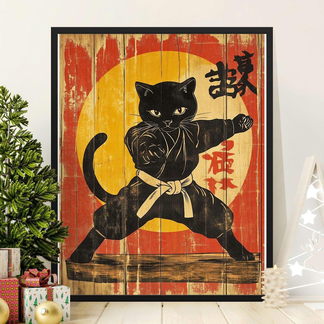 Karate Cat Vintage Style Poster, Fighting Cat Wall Art, Martial Arts ...