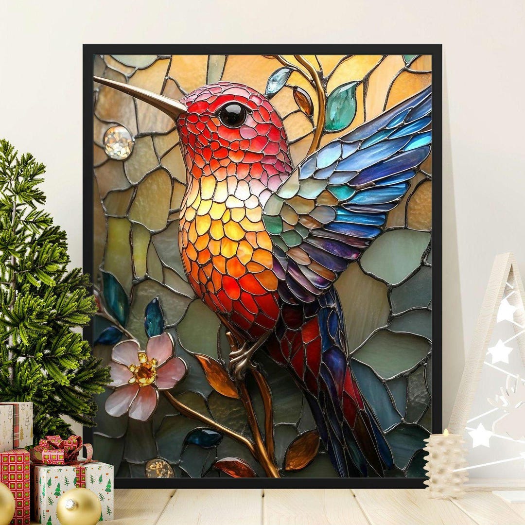 Vibrant Stained Glass Hummingbird Art, Colorful Bird Window Decor ...