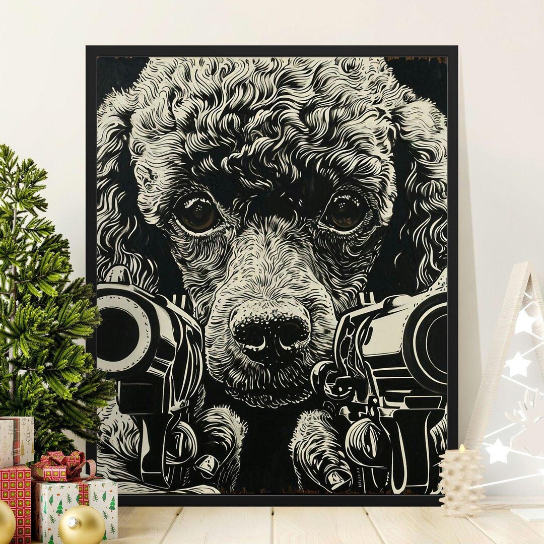 Vintage Poodle Dog Poster, Gun Drawing Print, Unique Wall Art, Home ...