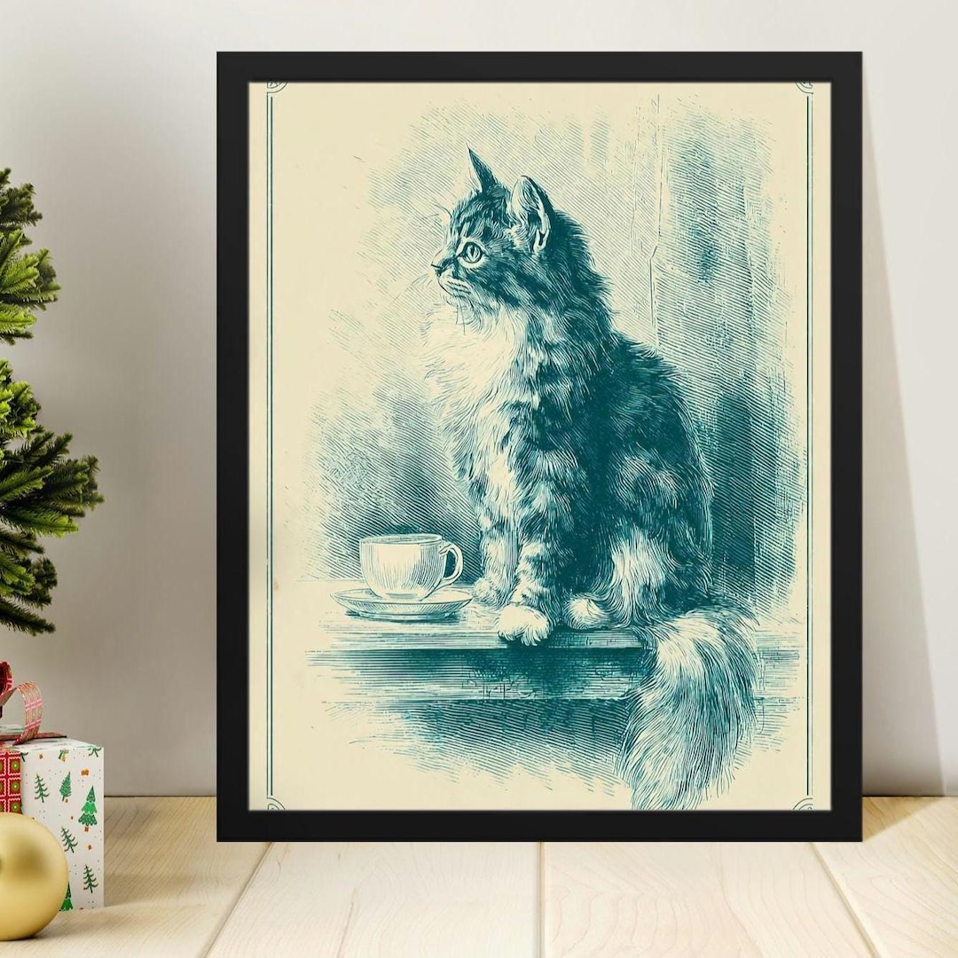 Vintage Cat Art Print: Antique Feline Illustration With Tea Theme - Etsy