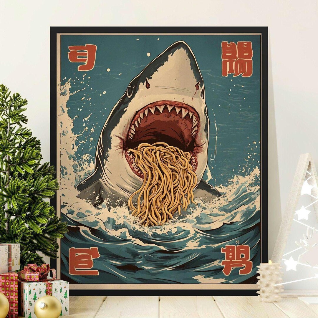 Vintage Shark Art Poster, Japanese Noodle Shark Print, Unique Wall ...