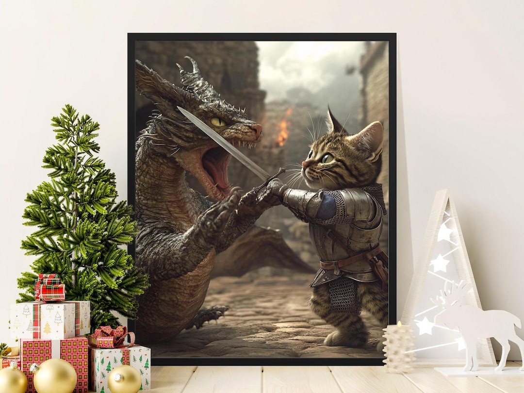 Fantasy Cat Warrior Poster, Cat Vs Dragon Art, Epic Battle Wall Decor ...