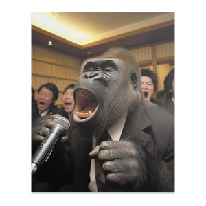 Gorilla Singing Karaoke Poster, Fun Animal Art, Music Lover Gift, Quirky Wall Decor ...