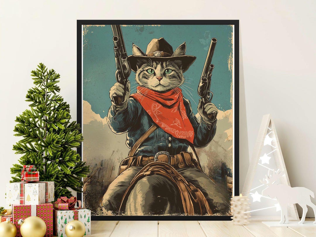 Vintage Style Cowboy Cat Poster, Funny Cat Art Print, Western Theme ...