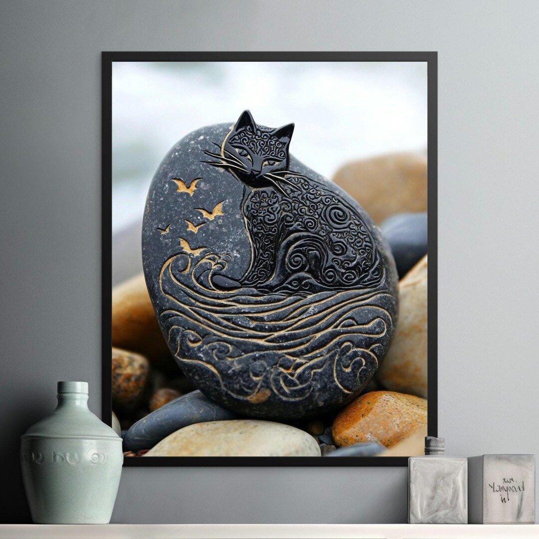 Decorative Cat on Stone Wall Art, Unique Cat Art for Home Decor ...
