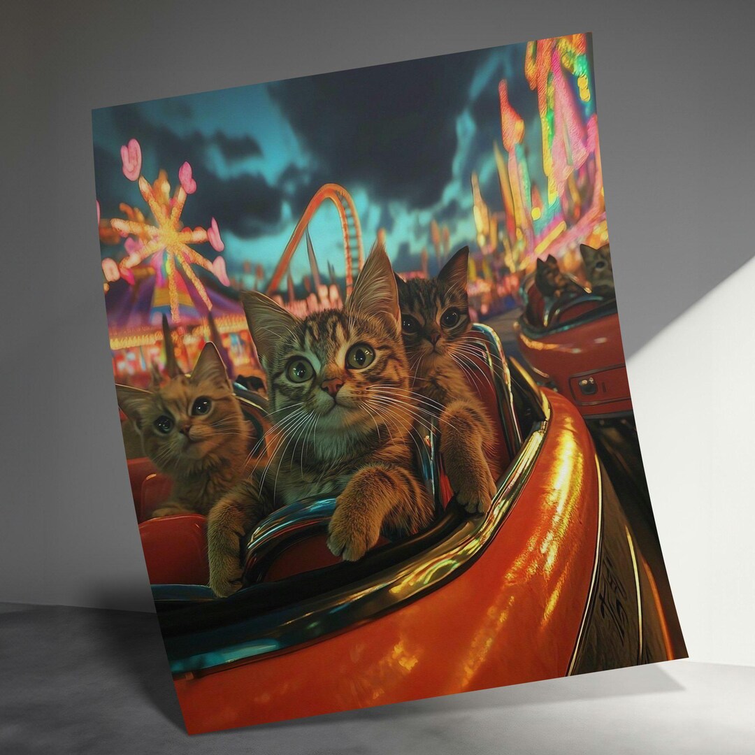Kittens on Roller Coaster Wall Art Cute Cat Carnival Print Fun Animal ...