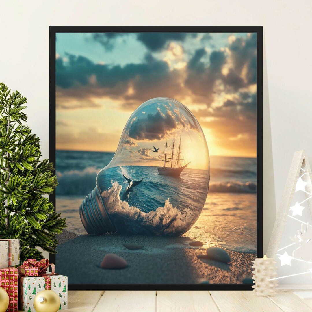 Light Bulb Beach Scene With Sailboat Poster, Nautical Wall Art, Ocean ...