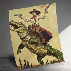 Retro Wild West Woman Riding Alligator Poster, Vintage Western Artwork ...