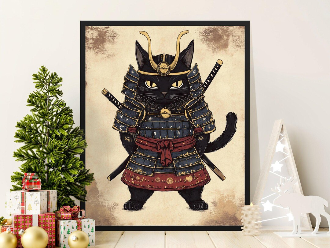 Samurai Cat Poster Japanese Art Print Wall Decor Warrior Cat ...