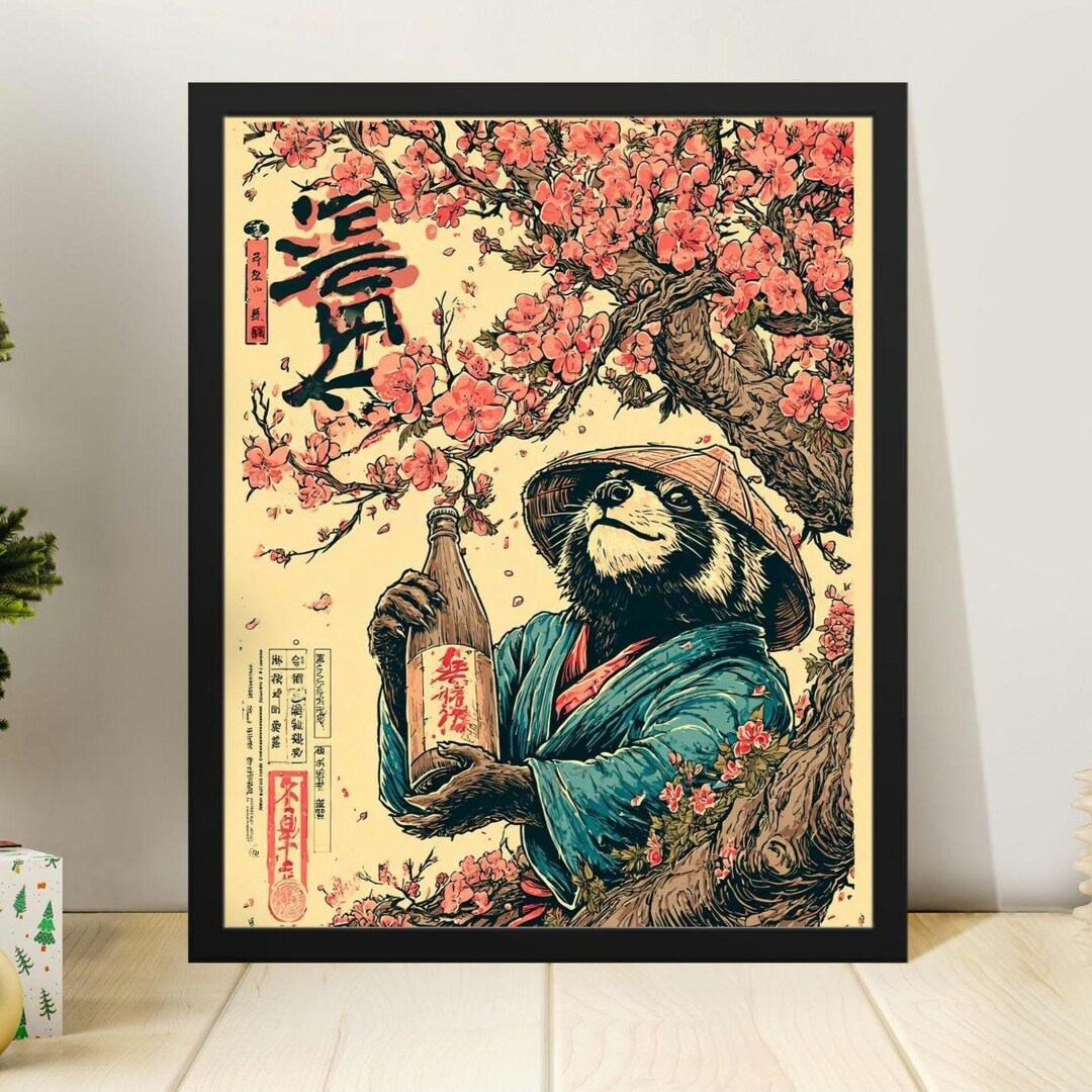 Tanuki Art Print, Japanese Raccoon Dog With Cherry Blossoms (various ...