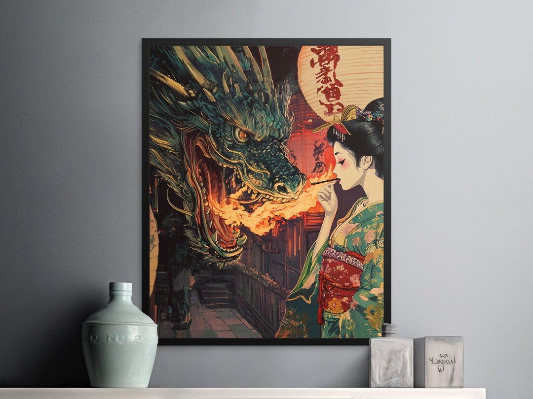 Japanese Dragon and Geisha Art Print, Fire Breathing Dragon Poster ...
