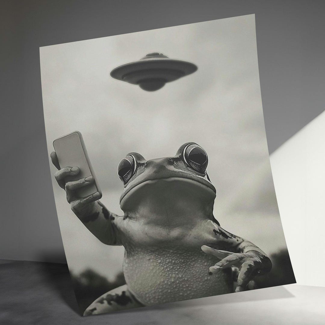 Alien UFO Frog With Phone Wall Art, Quirky Animal Poster, Whimsical ...