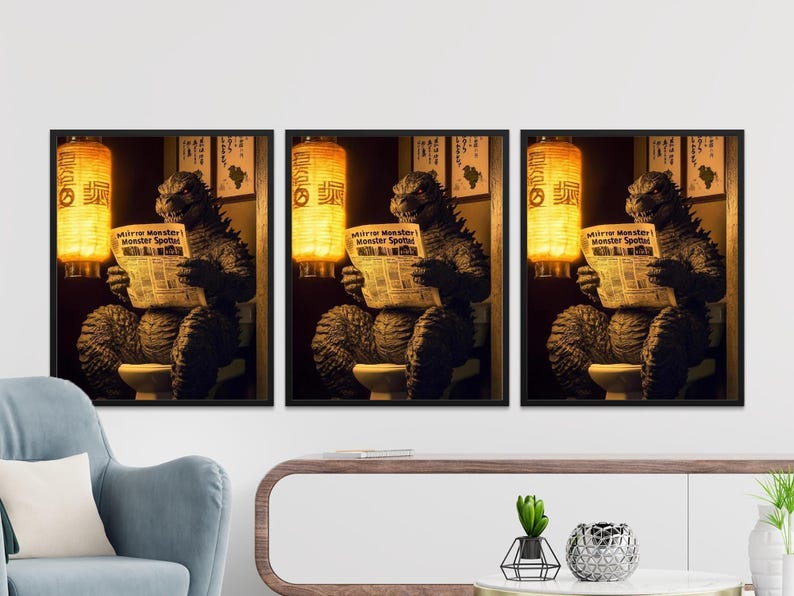 Godzilla Reading Newspaper Poster: Funny Comic Monster Art - Etsy