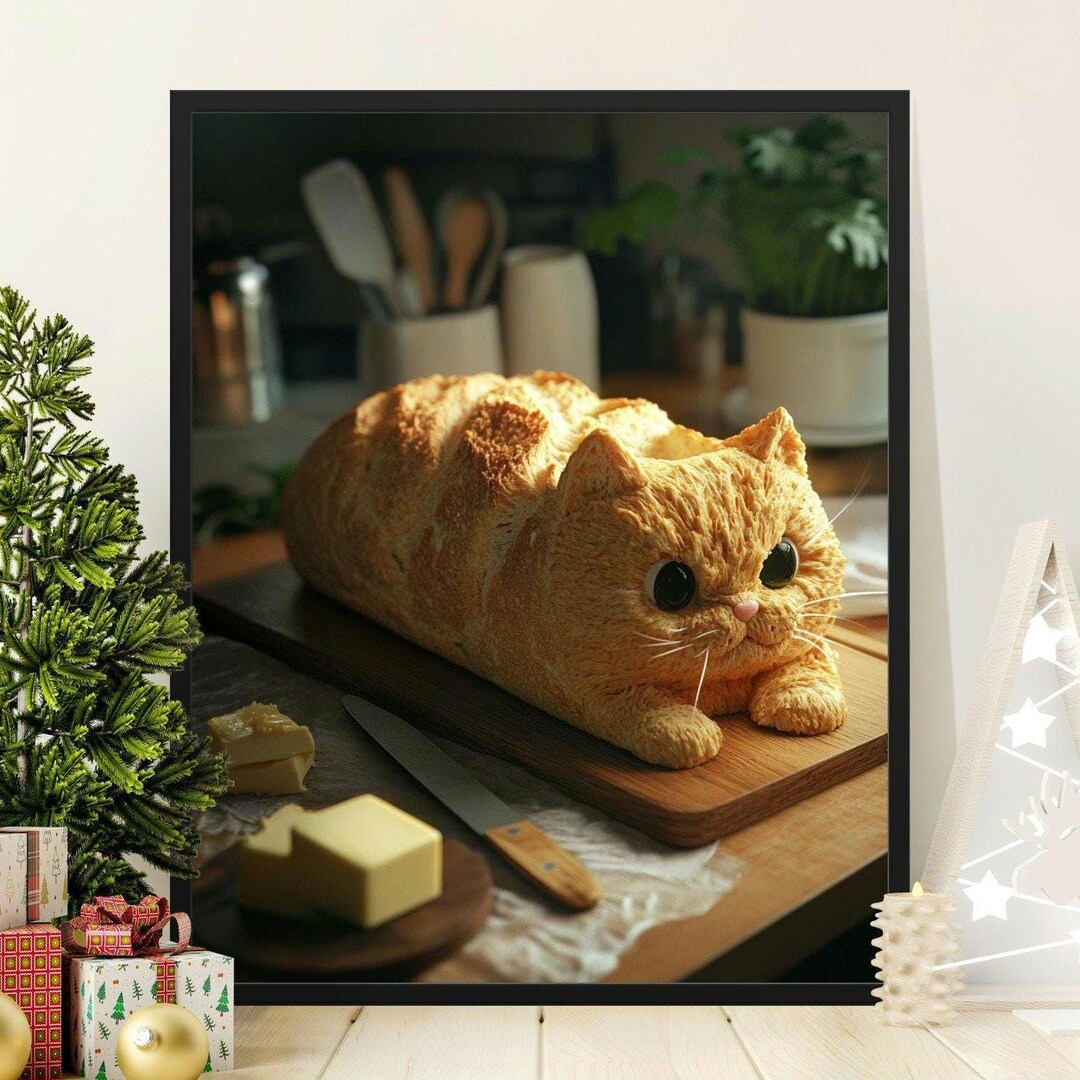 Cute Cat Bread Loaf Poster, Funny Animal Kitchen Decor, Adorable Cat ...