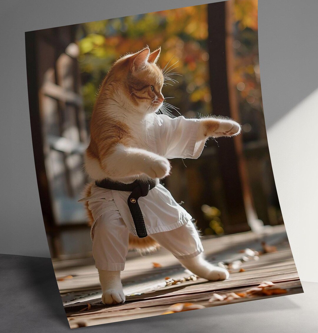 Karate Cat Wall Art, Cute Martial Arts Cat Poster, Fun Cat Decor Print ...
