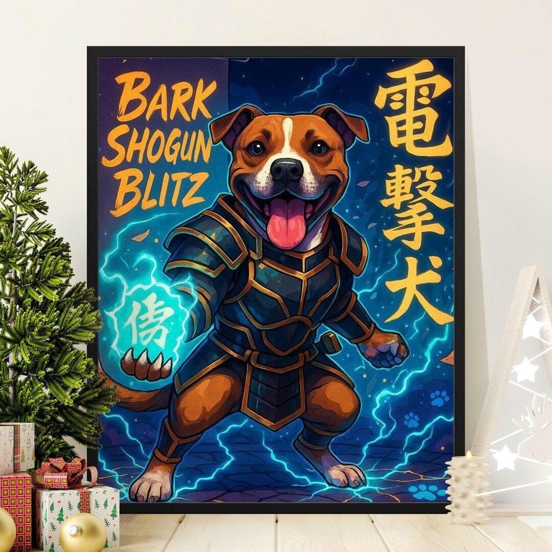 Anime Pitbull Shogun Poster, Dog Samurai Art, Funny Custom Pet Portrait ...
