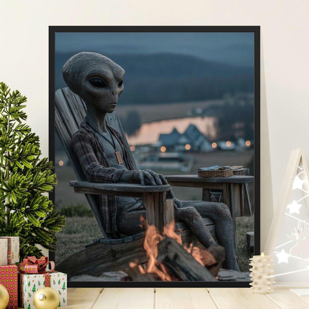Relaxing Alien Poster, Campfire Art, Extraterrestrial Decor, Outdoors ...