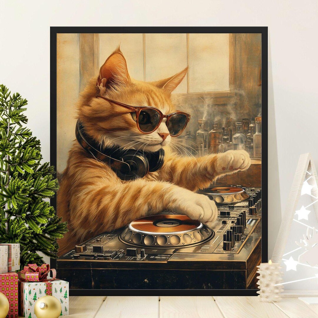 Funny DJ Cat Poster Wall Art, DJ Kitten With Sunglasses Print, Cool ...