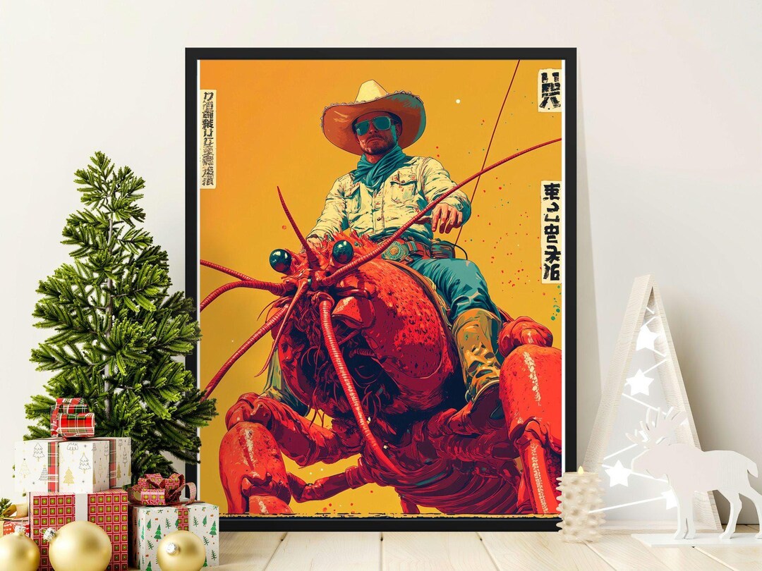 Cowboy Riding Giant Lobster Poster, Sci-fi Western Wall Art, Unique ...