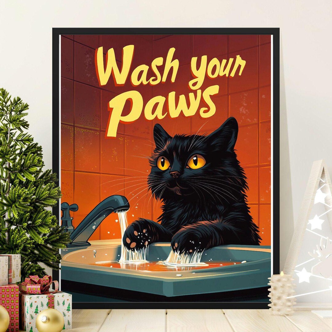 Funny Cat Wall Art, Wash Your Paws Poster, Cute Bathroom Decor, Cat ...
