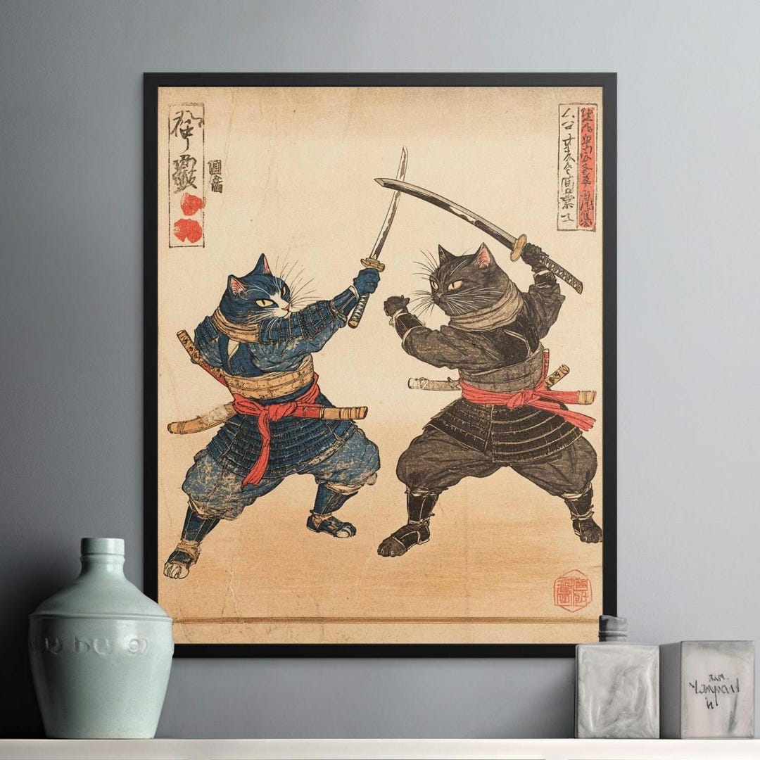 Samurai Cats Poster, Japanese Art, Cat Warrior Print, Feline Swordsmen ...