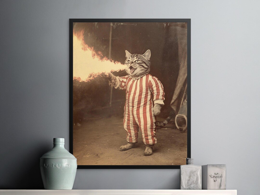 Vintage Cat Breathing Fire Wall Art, Quirky Animal Print, Unique Cat ...