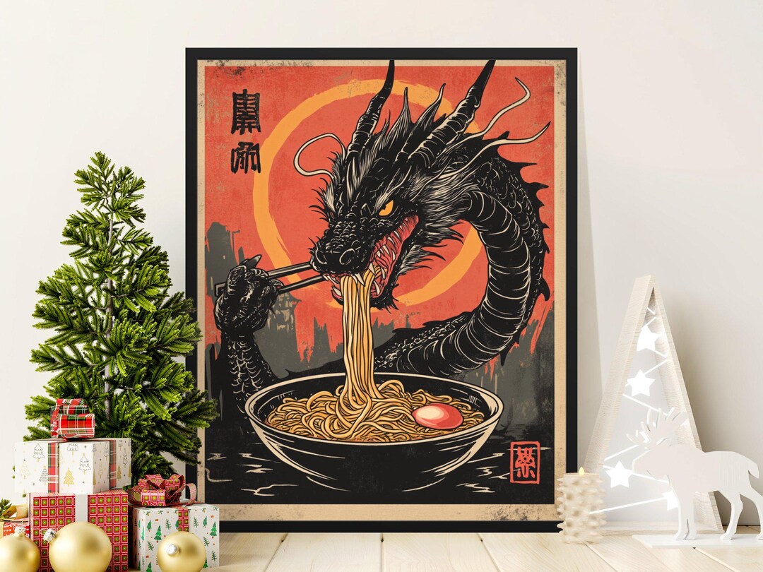 Dragon Eating Ramen Poster, Japanese Noodle Art Print, Cool Dragon Wall ...