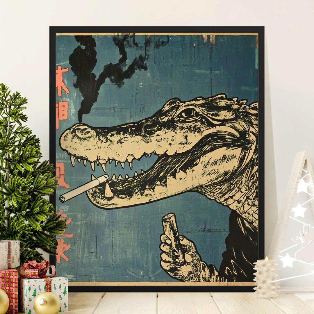 Alligator Smoking Poster, Crocodile Art Print, Cigar Gator Wall Decor ...