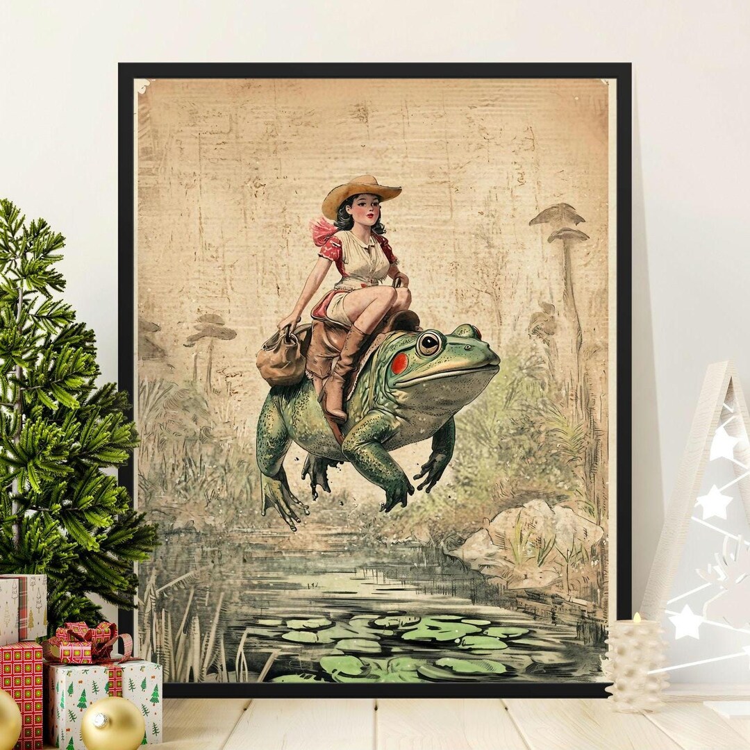 Cowgirl Riding Frog Poster, Whimsical Art Print, Fantasy Creature Wall ...