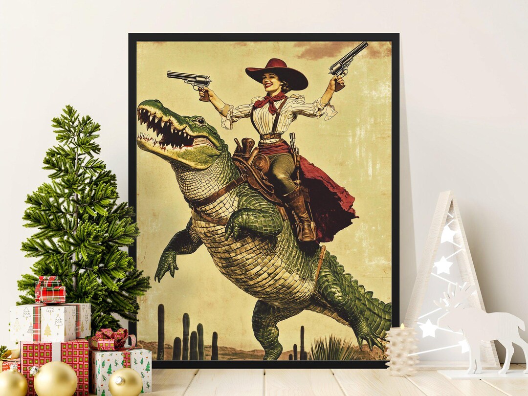 Retro Wild West Woman Riding Alligator Poster, Vintage Western Artwork ...
